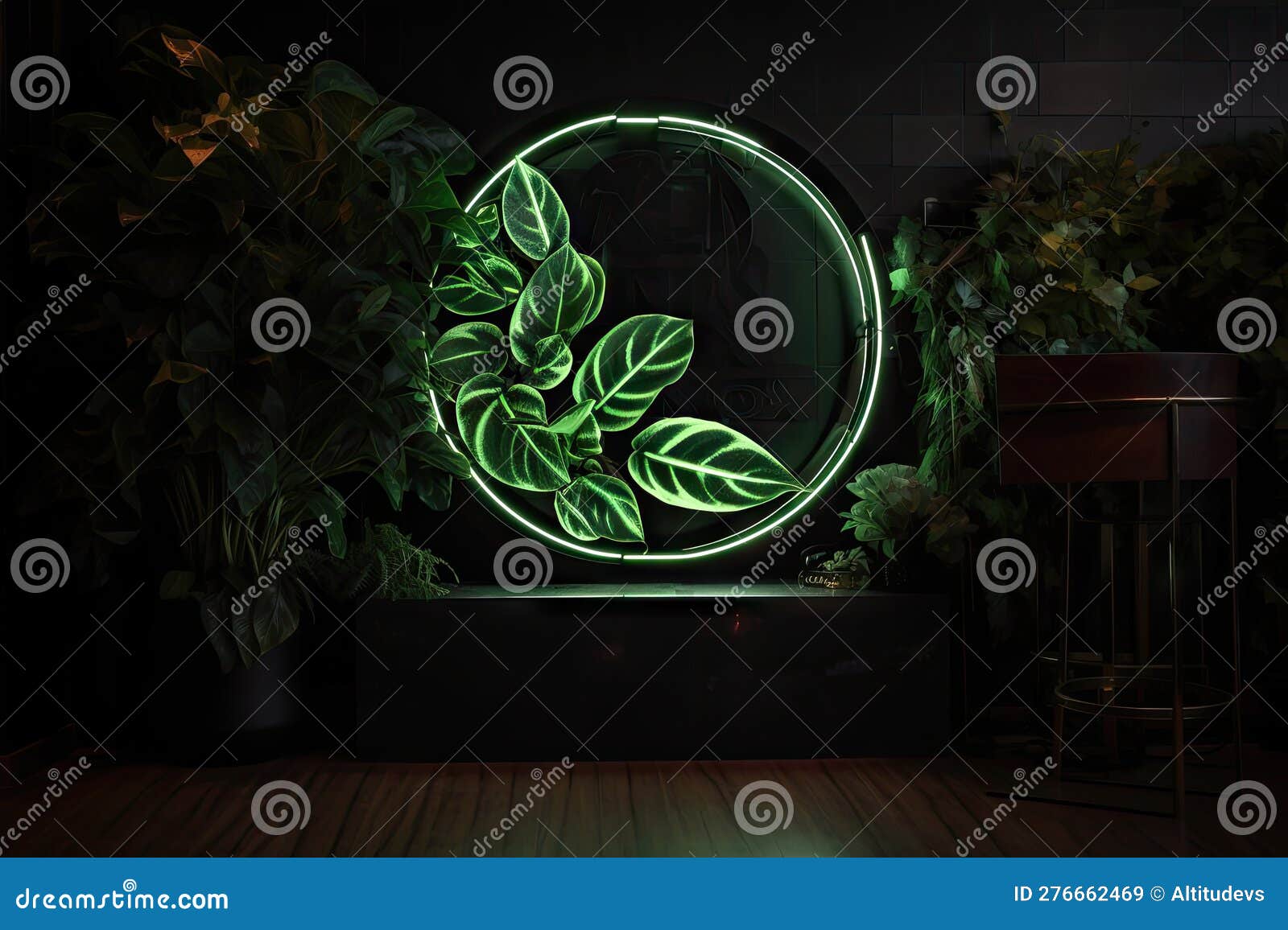 Elegant Neon Sign with a Black Frame Surrounded by Greenery Stock Image ...