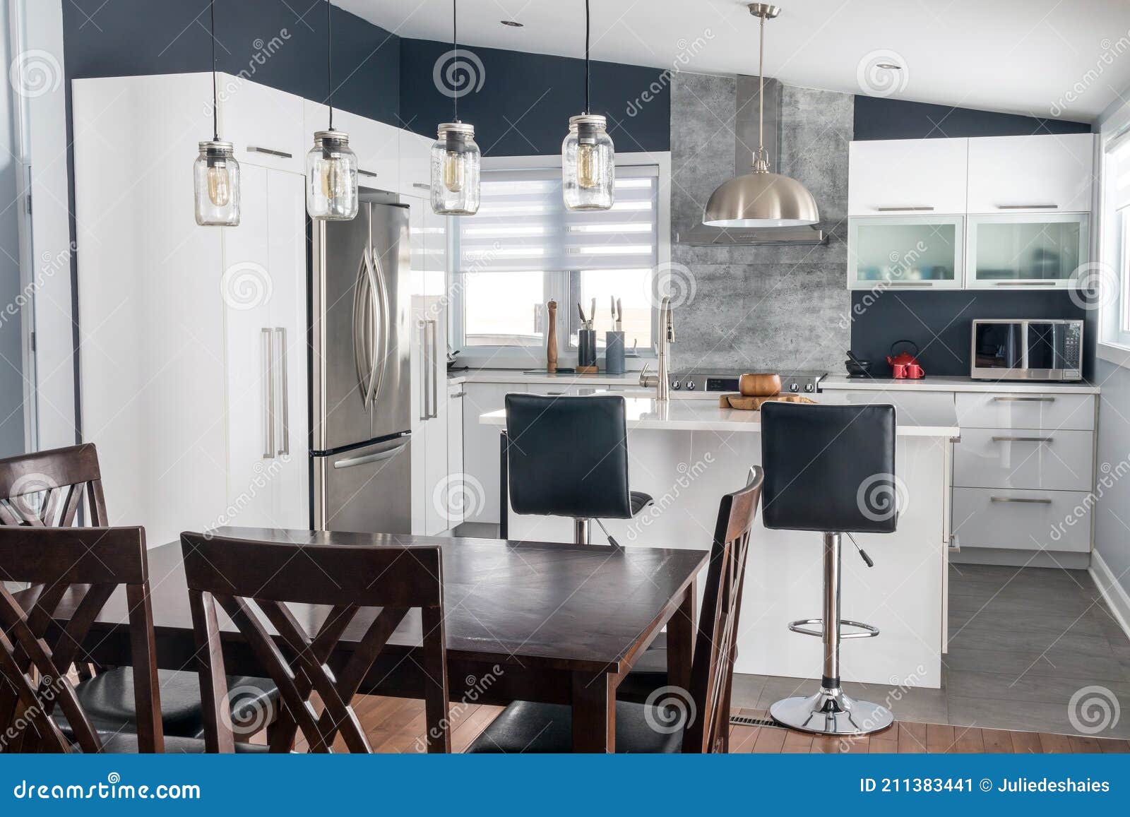 Elegant New Modern Home Dining Room and Kitchen Stock Image - Image of ...