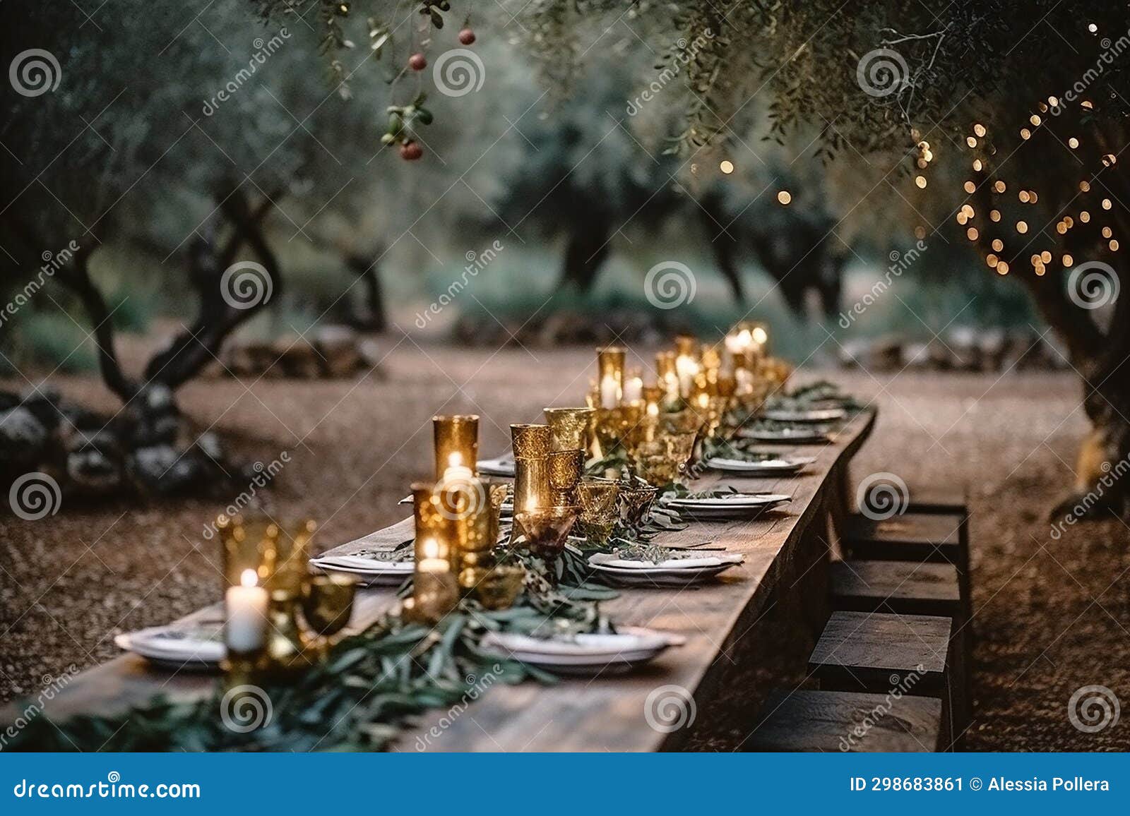 Elegant Outdoor Dining Setup with a Long Table, Candles Light Stock ...