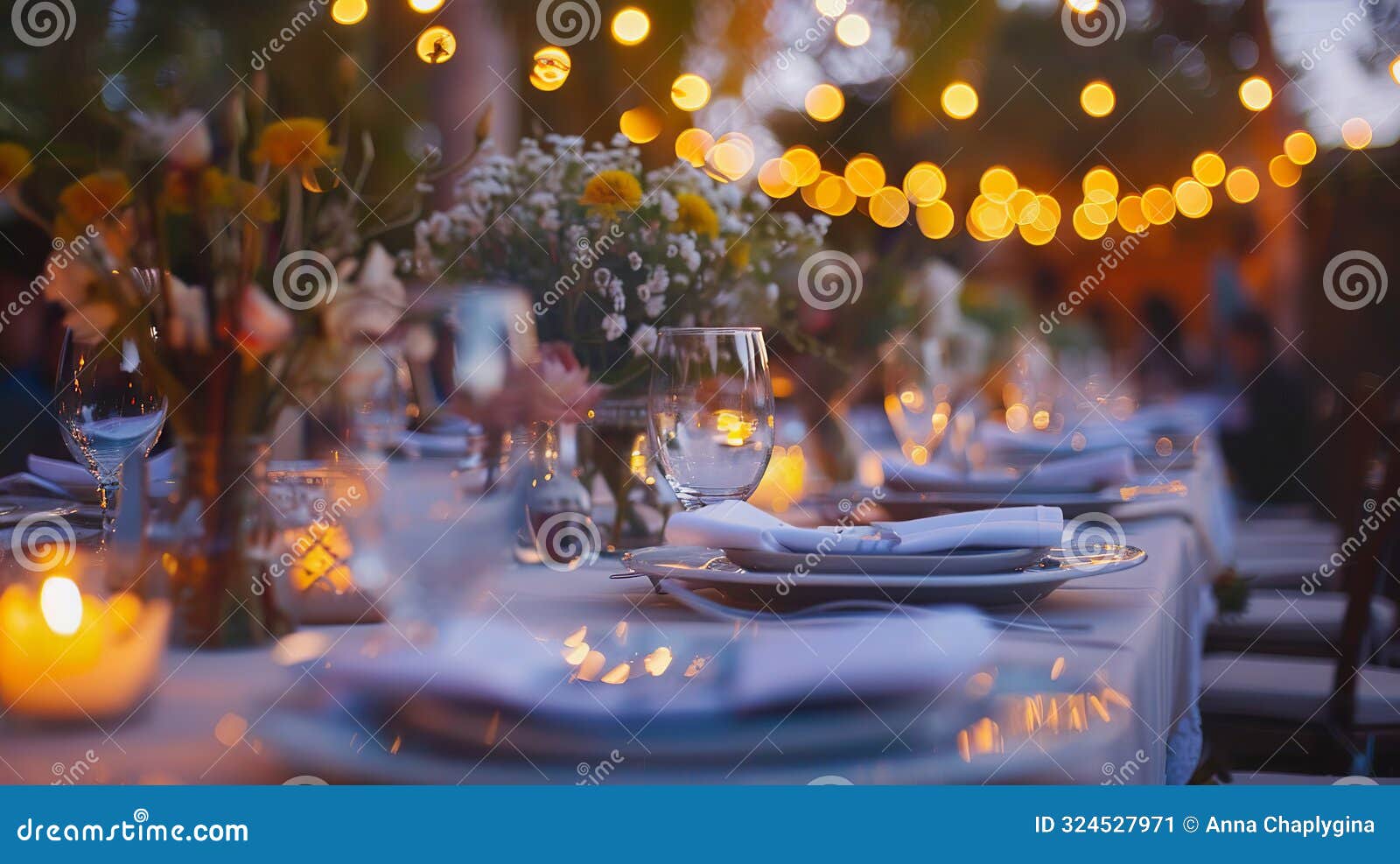 Elegant Outdoor Event with String Lights and Floral Decorations Stock ...