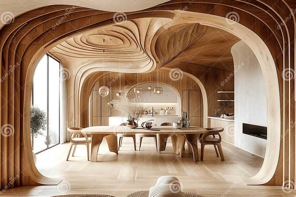 Elegant Parametric Architecture Dining Room with Curved Wooden Elements ...