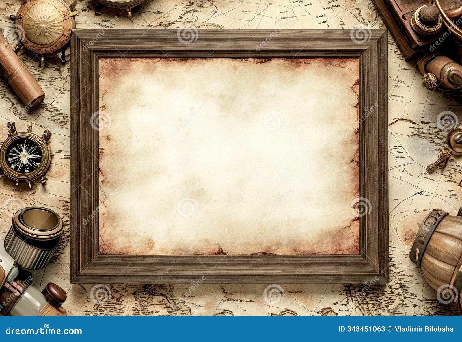 Vintage Treasure Map with Empty Frame Surrounded by Antique Exploration ...