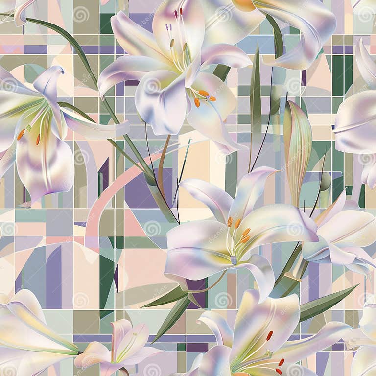 Elegant Pastel Lily Pattern Design with Geometric Background Stock ...