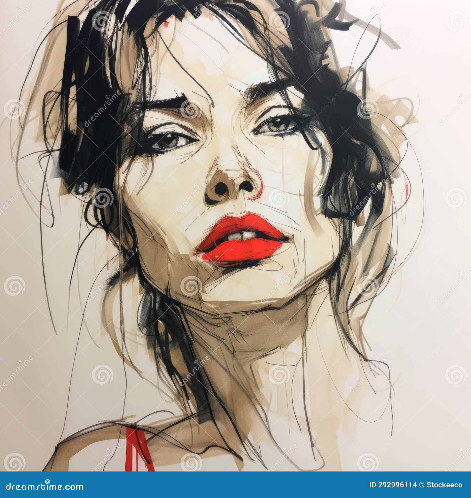 Elegant Pen And Ink Drawing Of A Woman With Red Lips And Black Hair