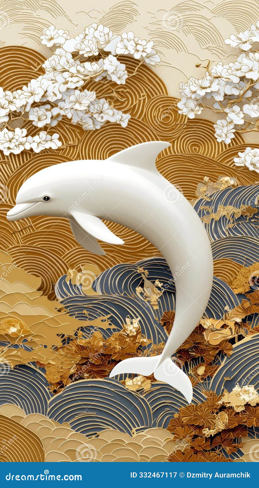 An Elegant Pencil Drawing of Dolphins Underlined with a Gold and White ...