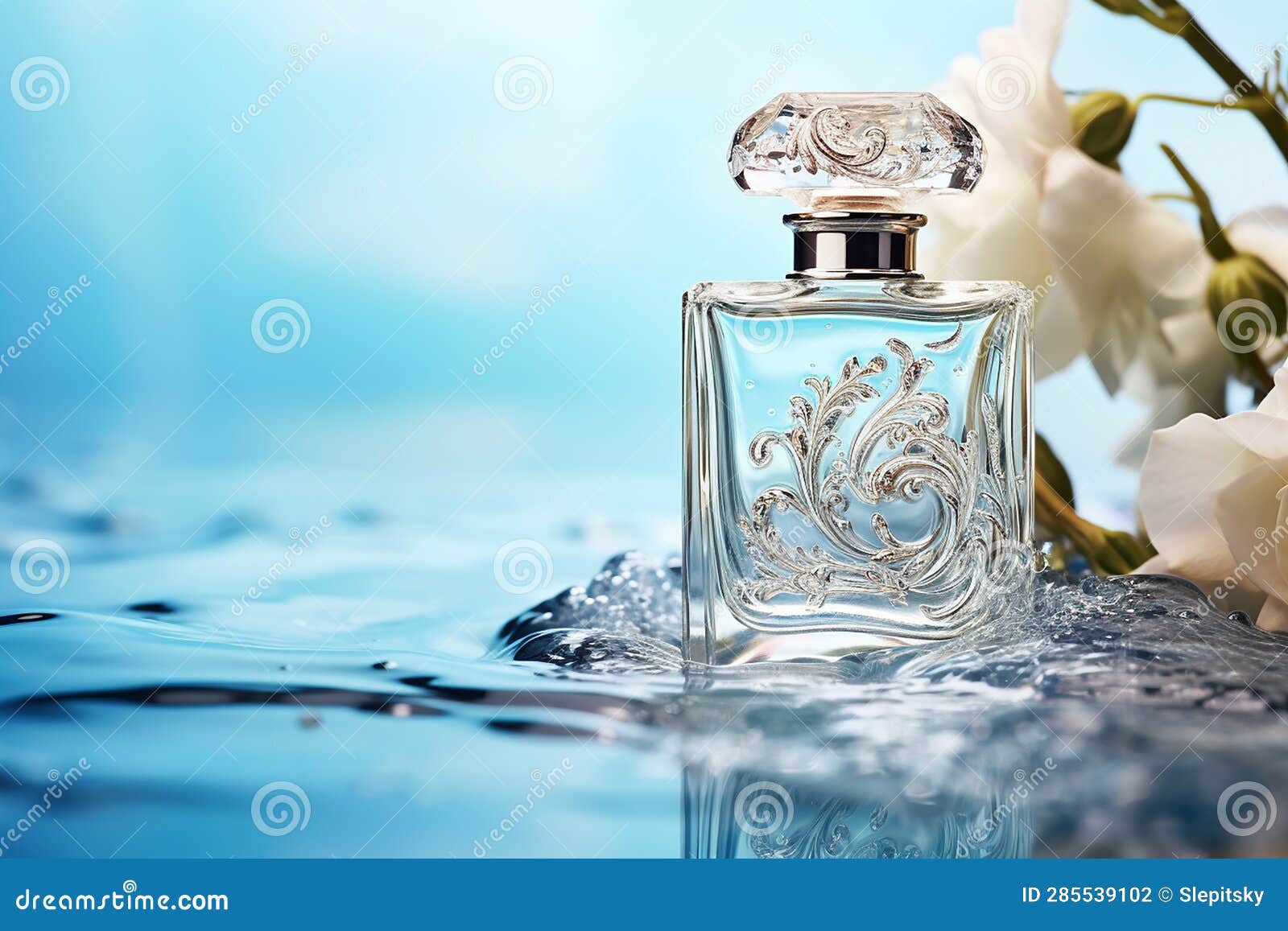 Elegant Perfume Bottle on Light Water Background. Generative AI Stock ...