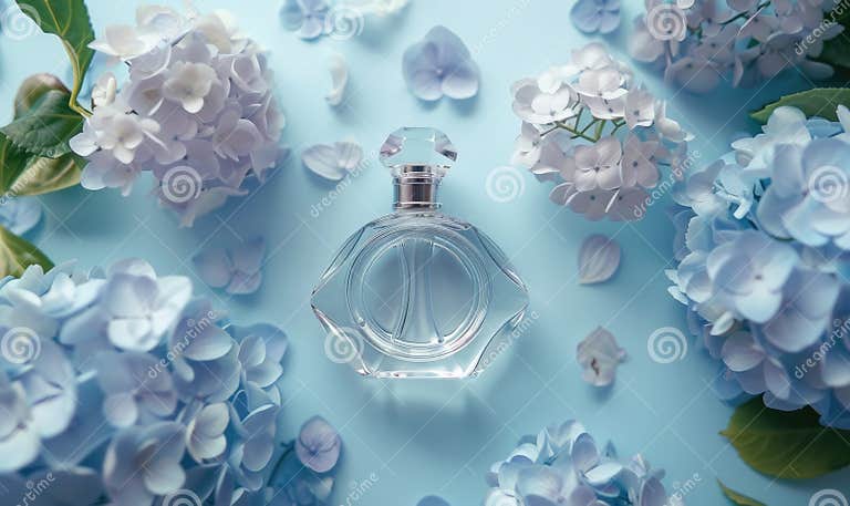 Elegant Perfume Bottle Mockup Surrounded by Soft Blue Hydrangeas Stock ...