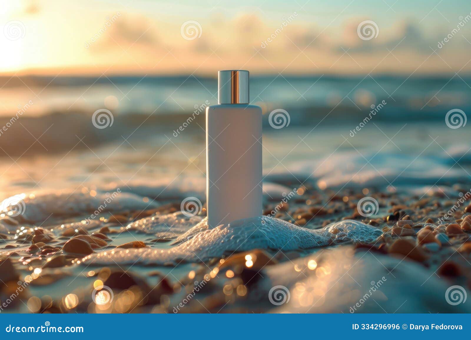 Elegant Perfume Bottle on Sandy Beach at Sunset with Ocean Waves Stock ...