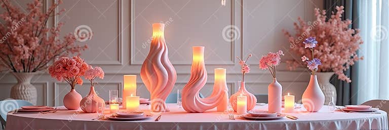 Elegant Pink Table Setting with Artistic Vases and Soft Candlelight ...