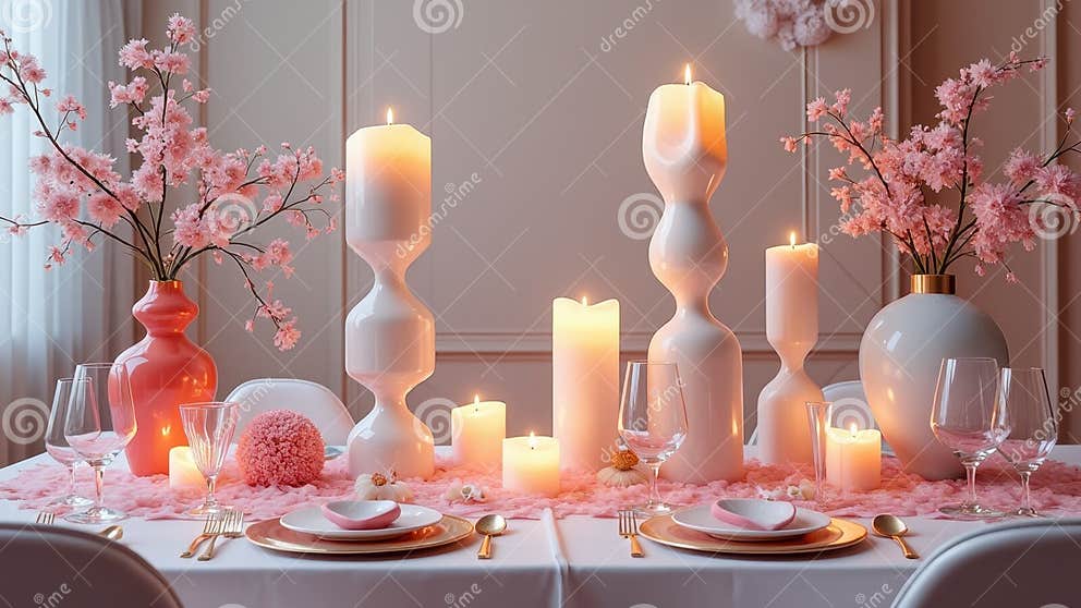 Elegant Pink Table Setting with Cherry Blossoms and Candle Arrangements ...
