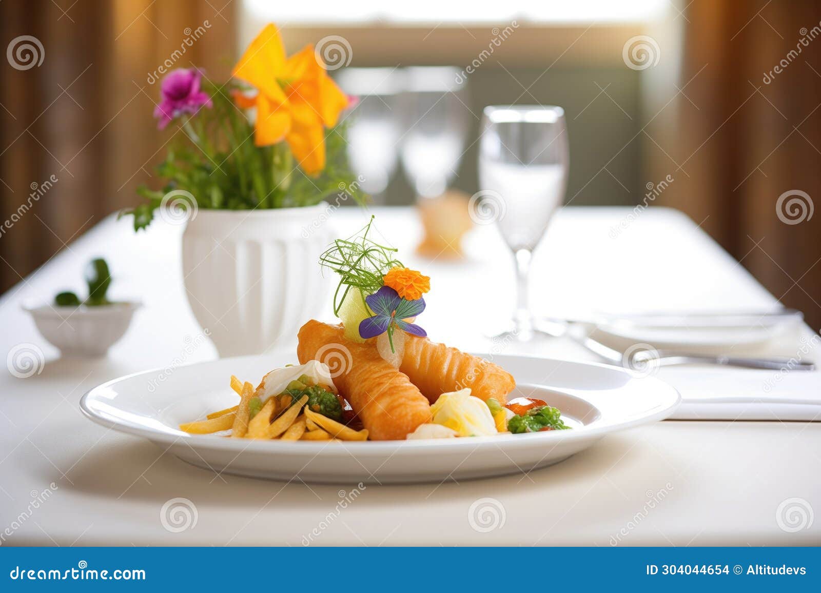 Elegant Plating of Fish and Chips with Garnish in a Fine Dining Setting ...