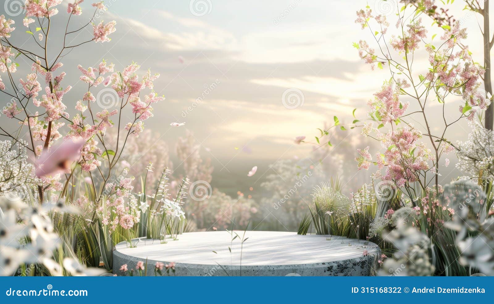 An Elegant Podium Backdrop Featuring a Spring Flower Field Scene. 3D ...