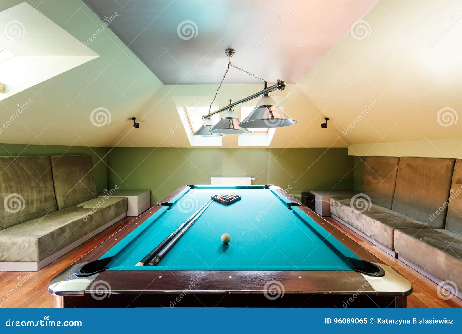 Elegant Pool Table at the Attic Stock Image - Image of attic, lamps ...