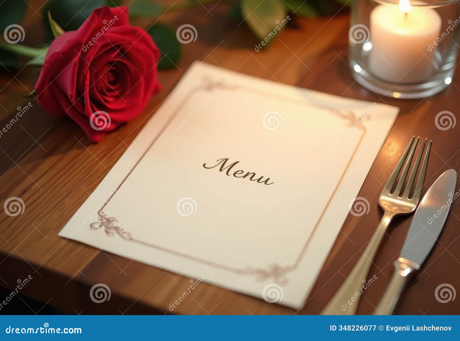 Elegant Restaurant Menu with Candlelight and Rose for Romantic Dinner ...