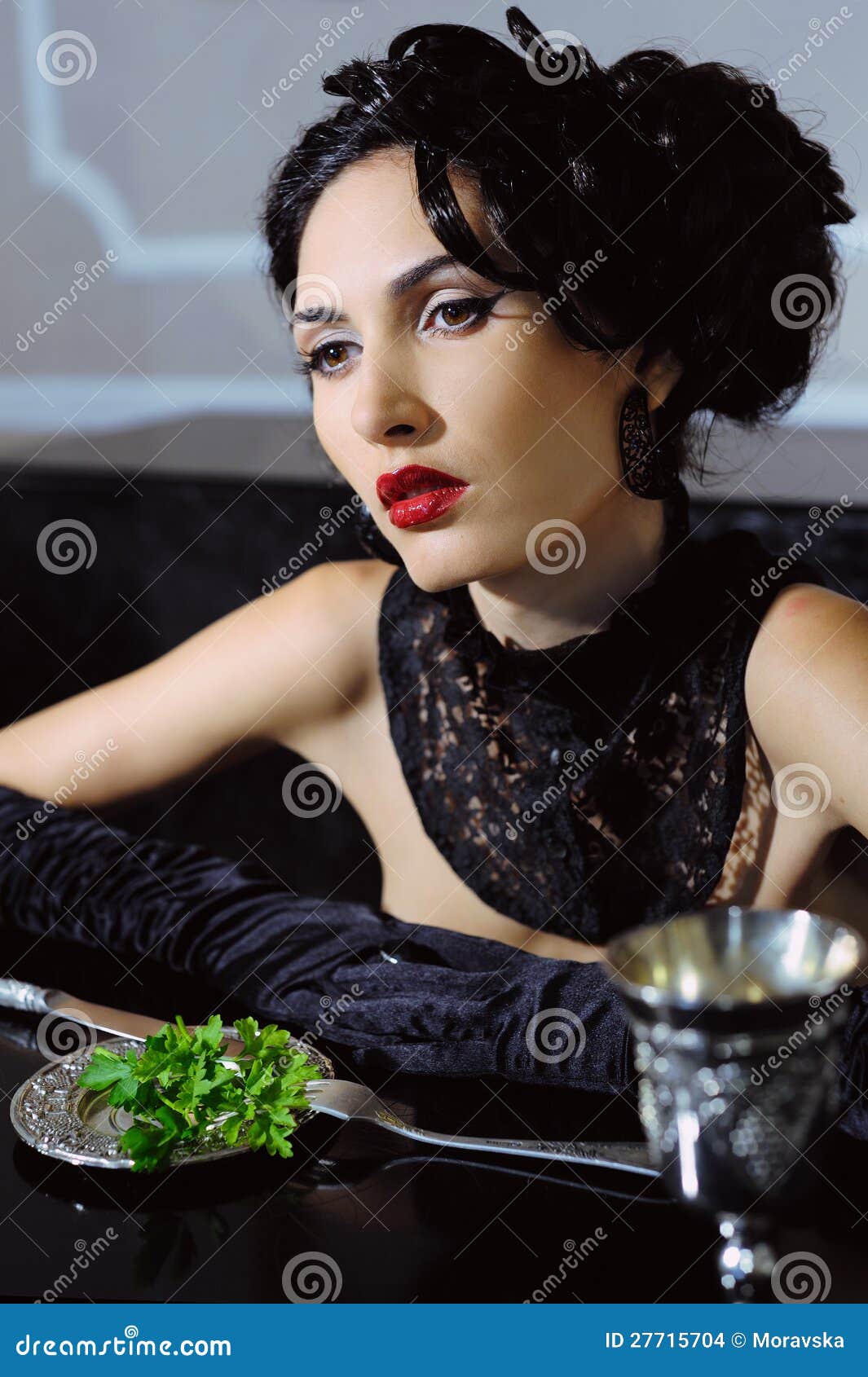Elegant Retro Woman Dining in a Luxurious Interior Stock Photo - Image ...