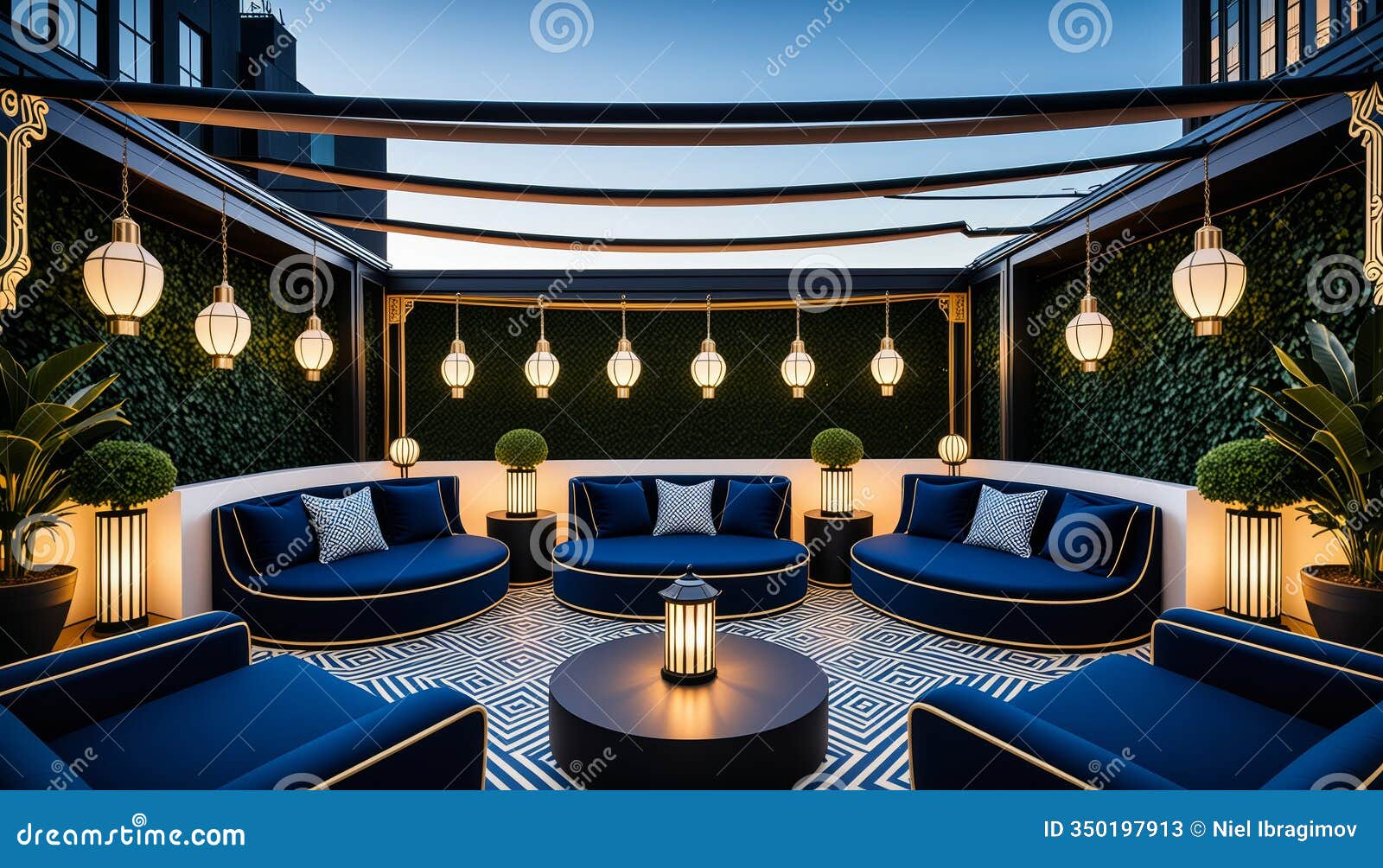 Elegant Rooftop Lounge with Modern Decor and Ambient Lighting at Dusk ...