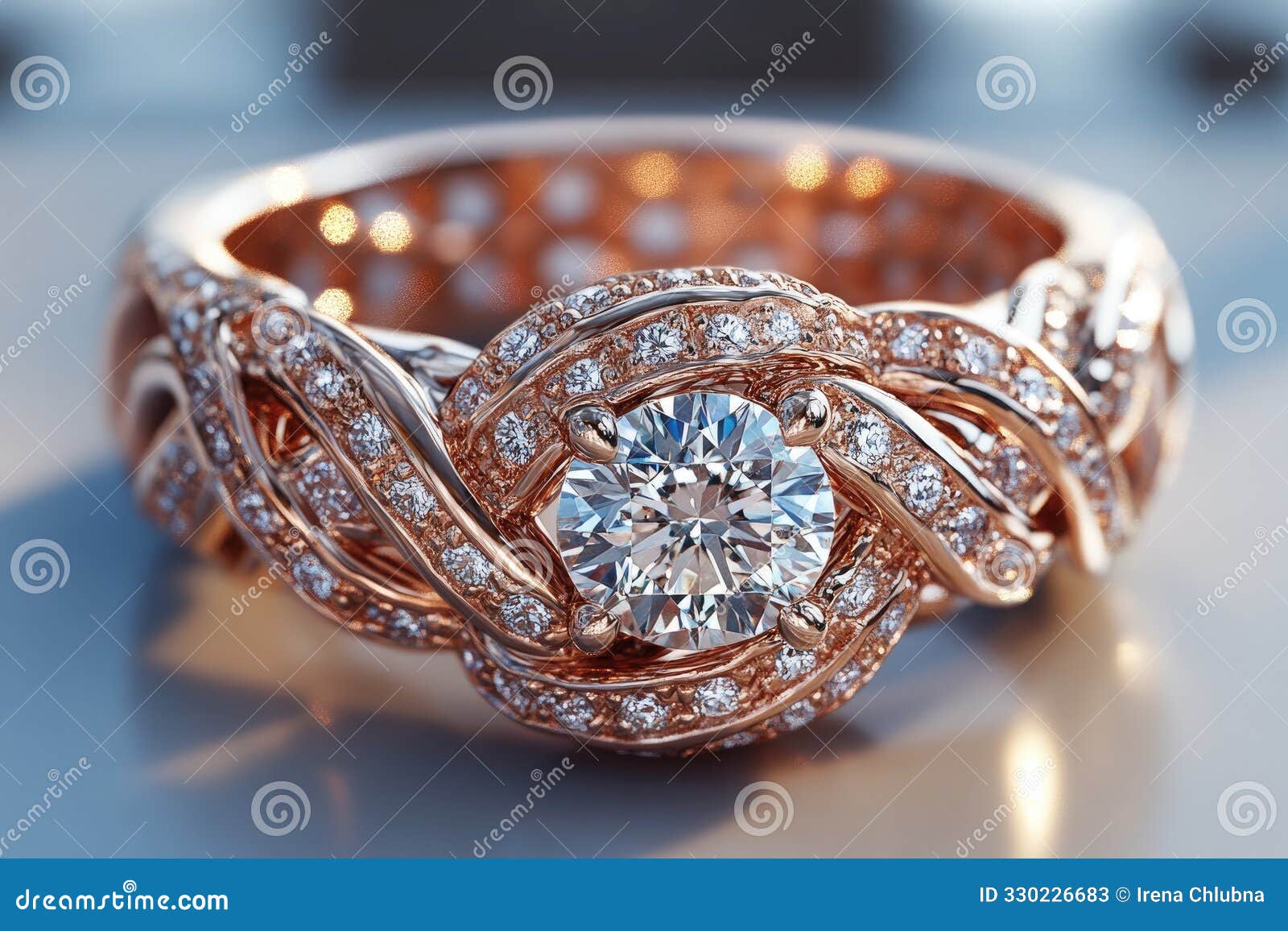 Elegant Rose Gold Ring with Diamond and Small Gems Stock Illustration ...