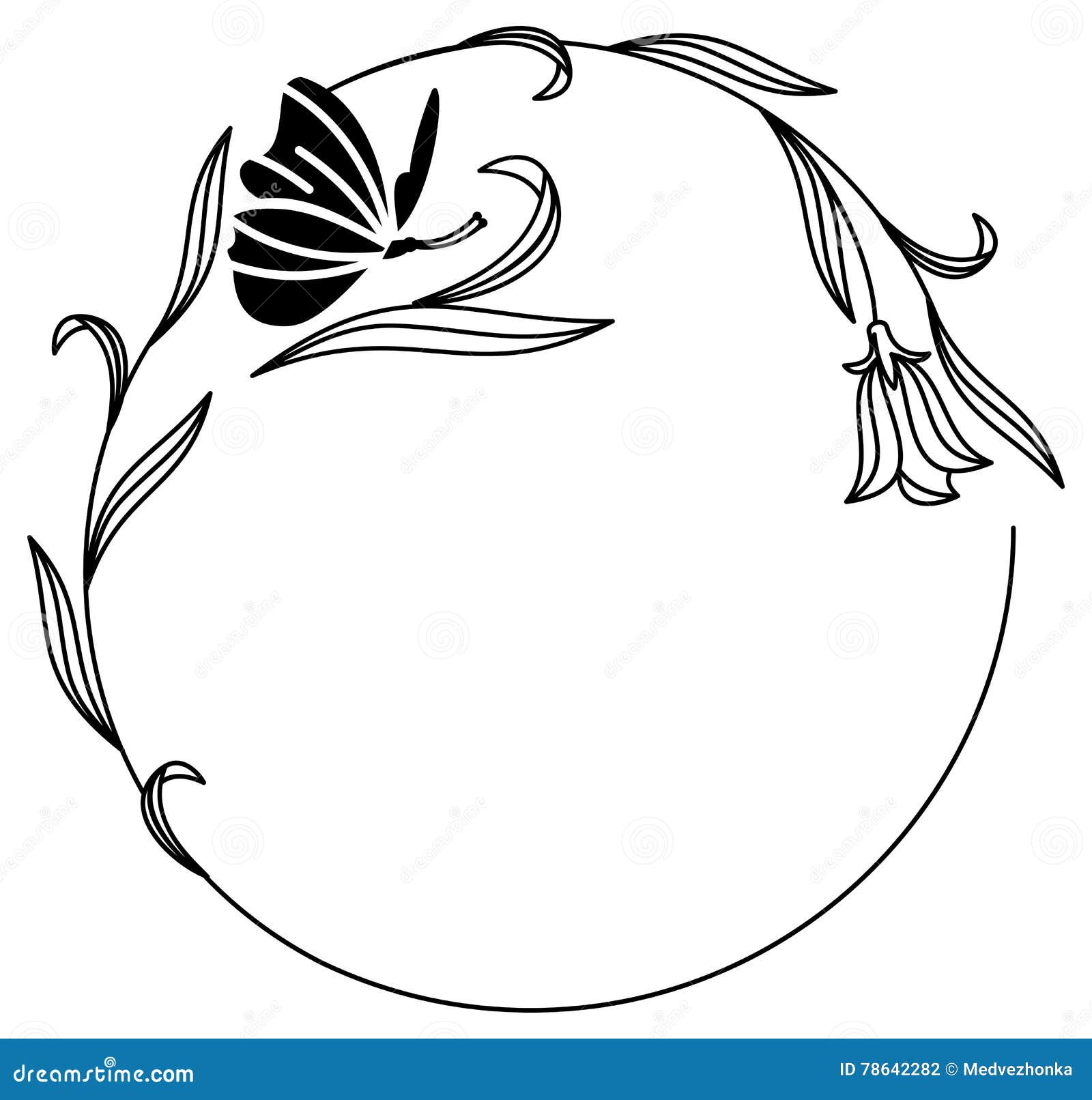 Elegant Round Frame with Bluebells and Butterfly. Stock Illustration ...