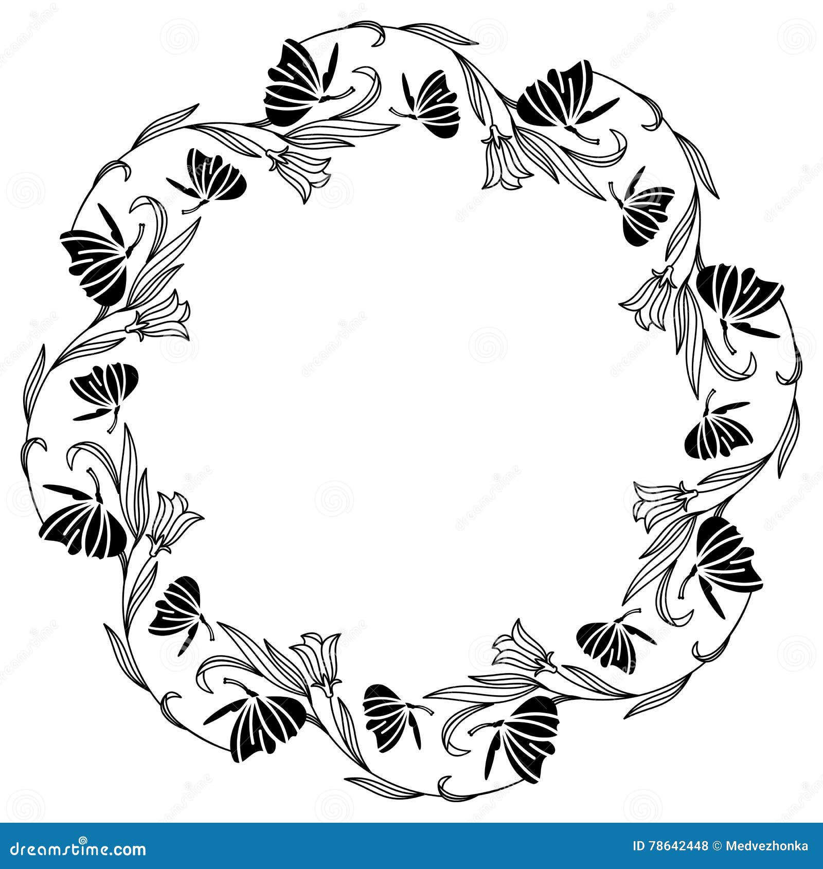 Elegant Round Frame with Bluebells and Butterfly. Stock Illustration ...