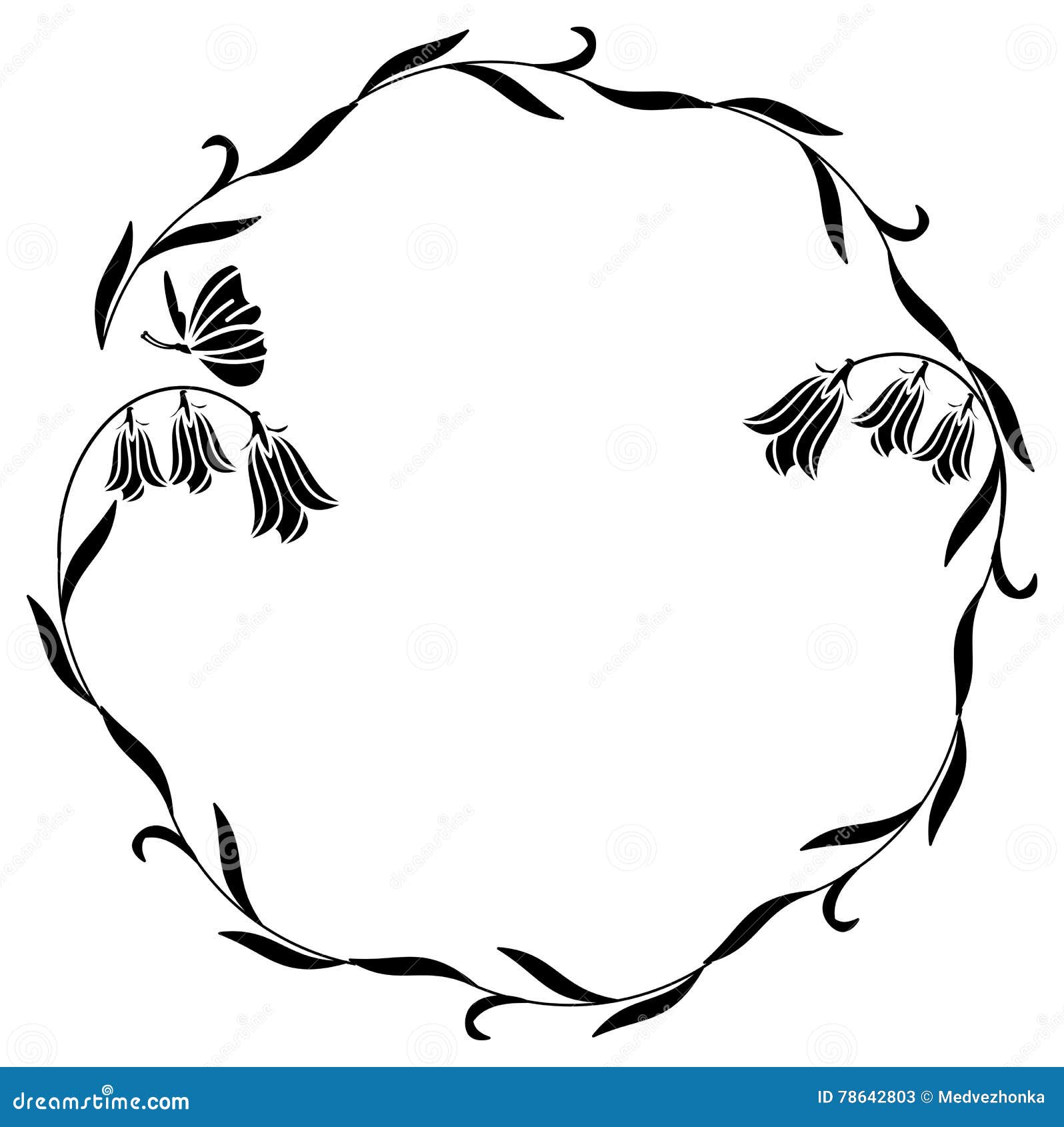 Elegant Round Frame with Bluebells and Butterfly. Stock Illustration ...