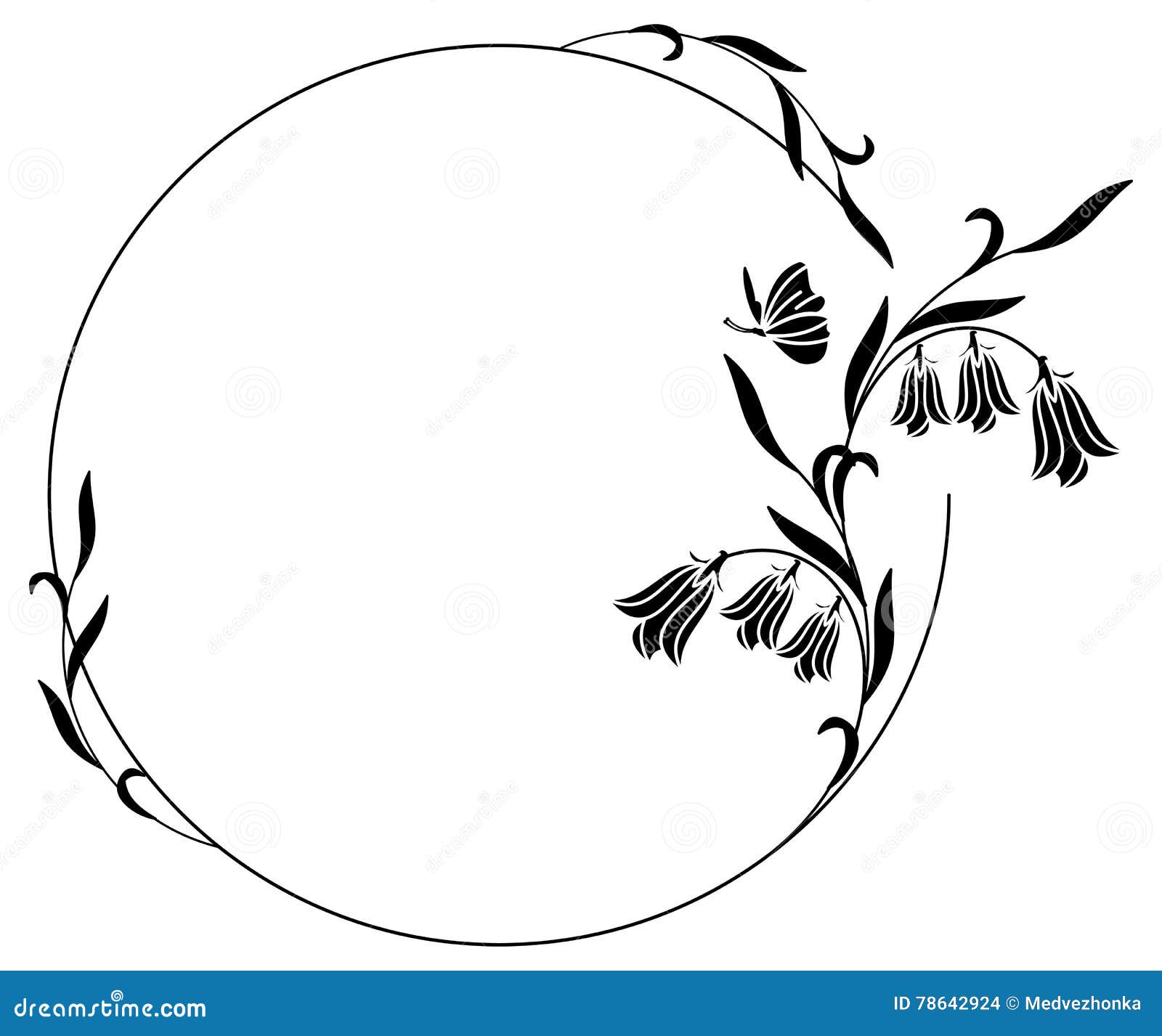 Elegant Round Frame with Bluebells and Butterfly. Stock Illustration ...