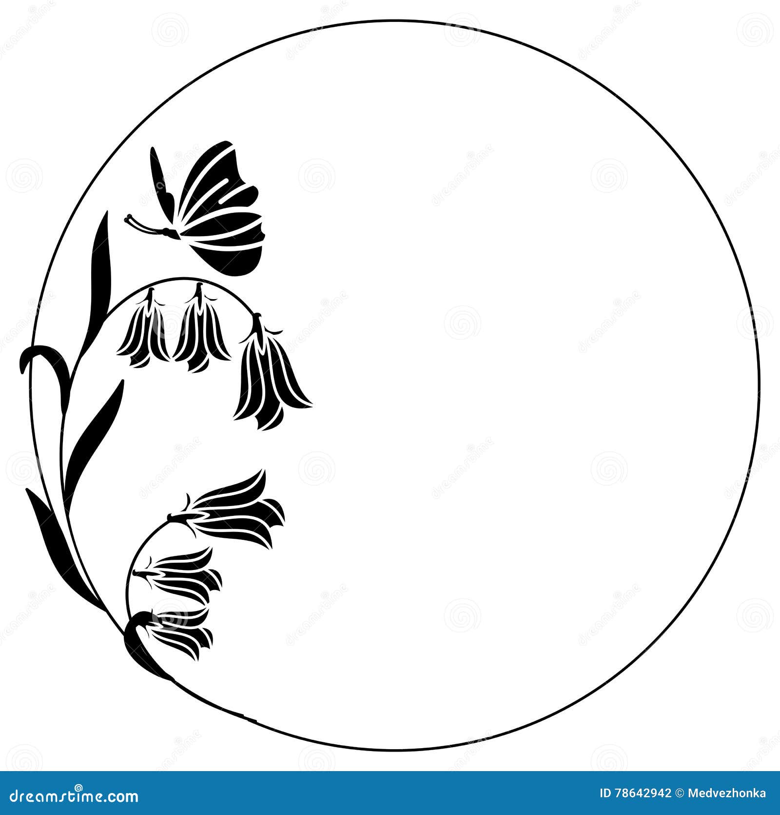 Elegant Round Frame with Bluebells and Butterfly. Stock Illustration ...