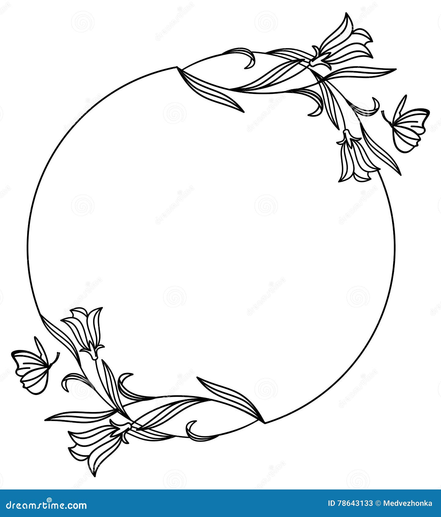 Elegant Round Frame with Bluebells and Butterfly. Stock Illustration ...