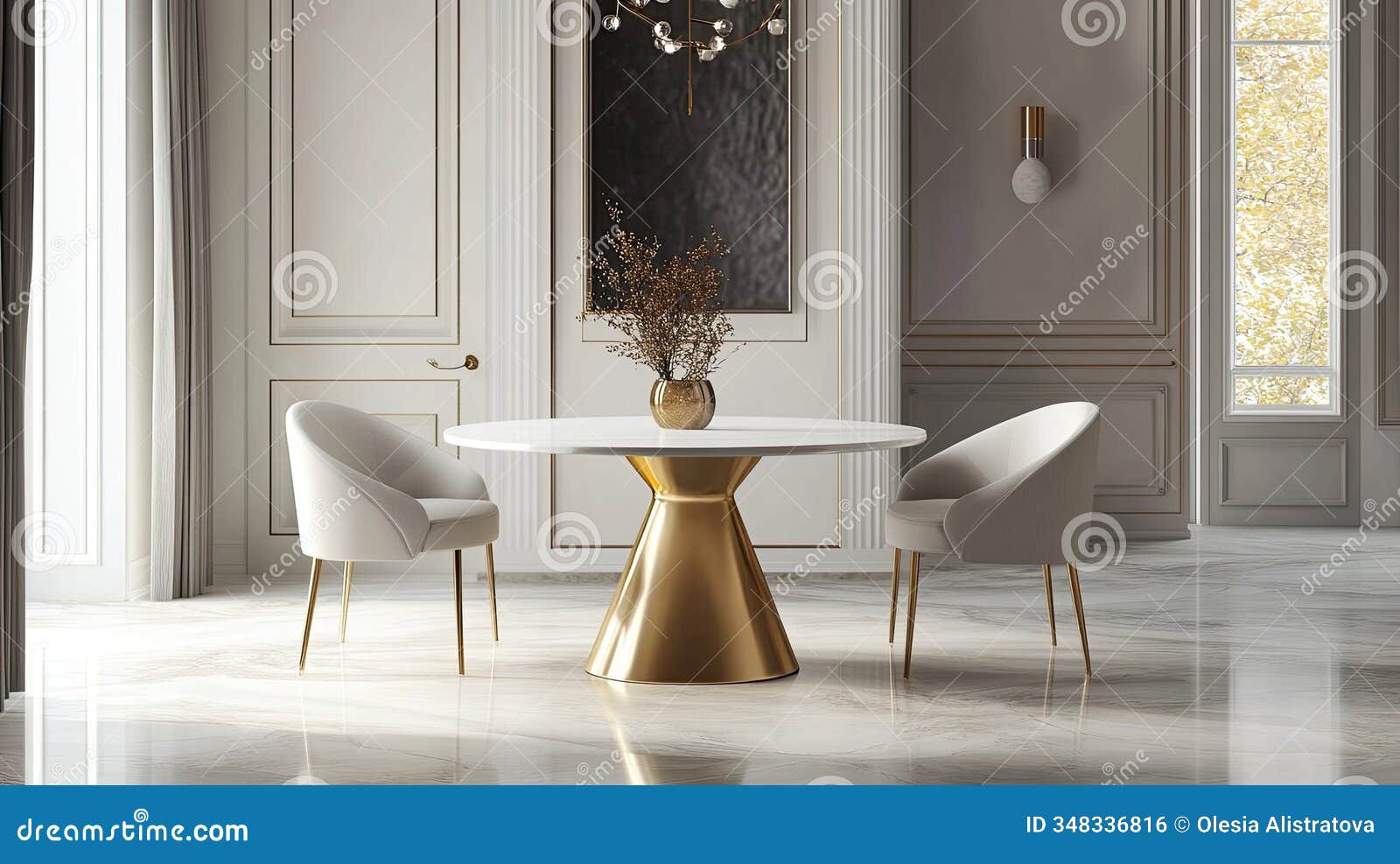 Elegant Round Table with a Gold Base and White Top Minimalizm Stock ...