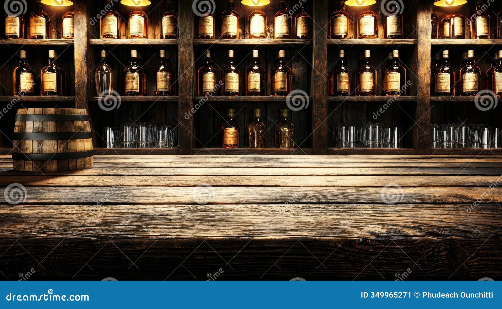 Elegant Rustic Bar Counter with Whiskey Bottles in Background Stock ...