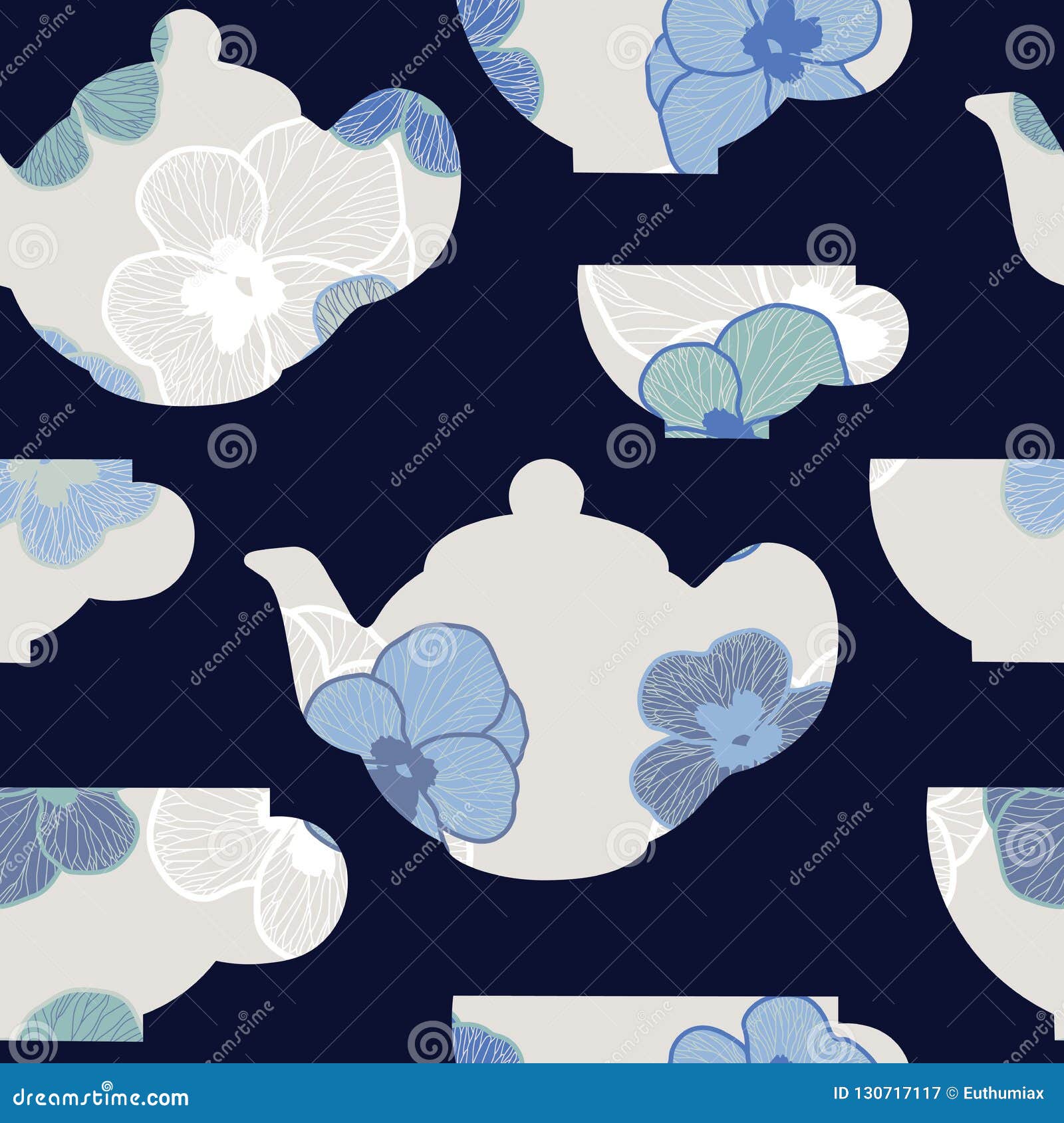 Elegant Seamless Pattern with Blue and White Teacups and Teapots Stock Illustration ...