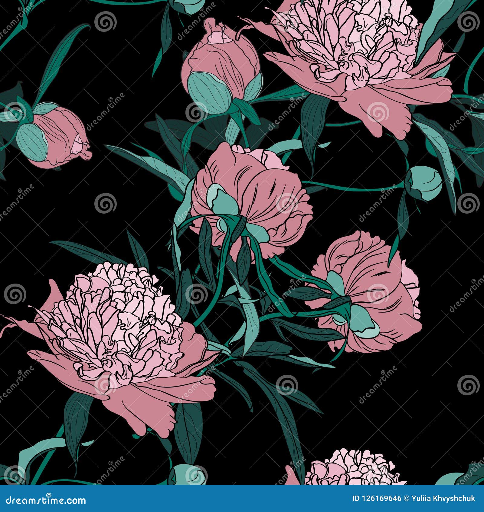 Elegant Seamless Peony Pattern on Black Background. Floral Tile Pattern ...