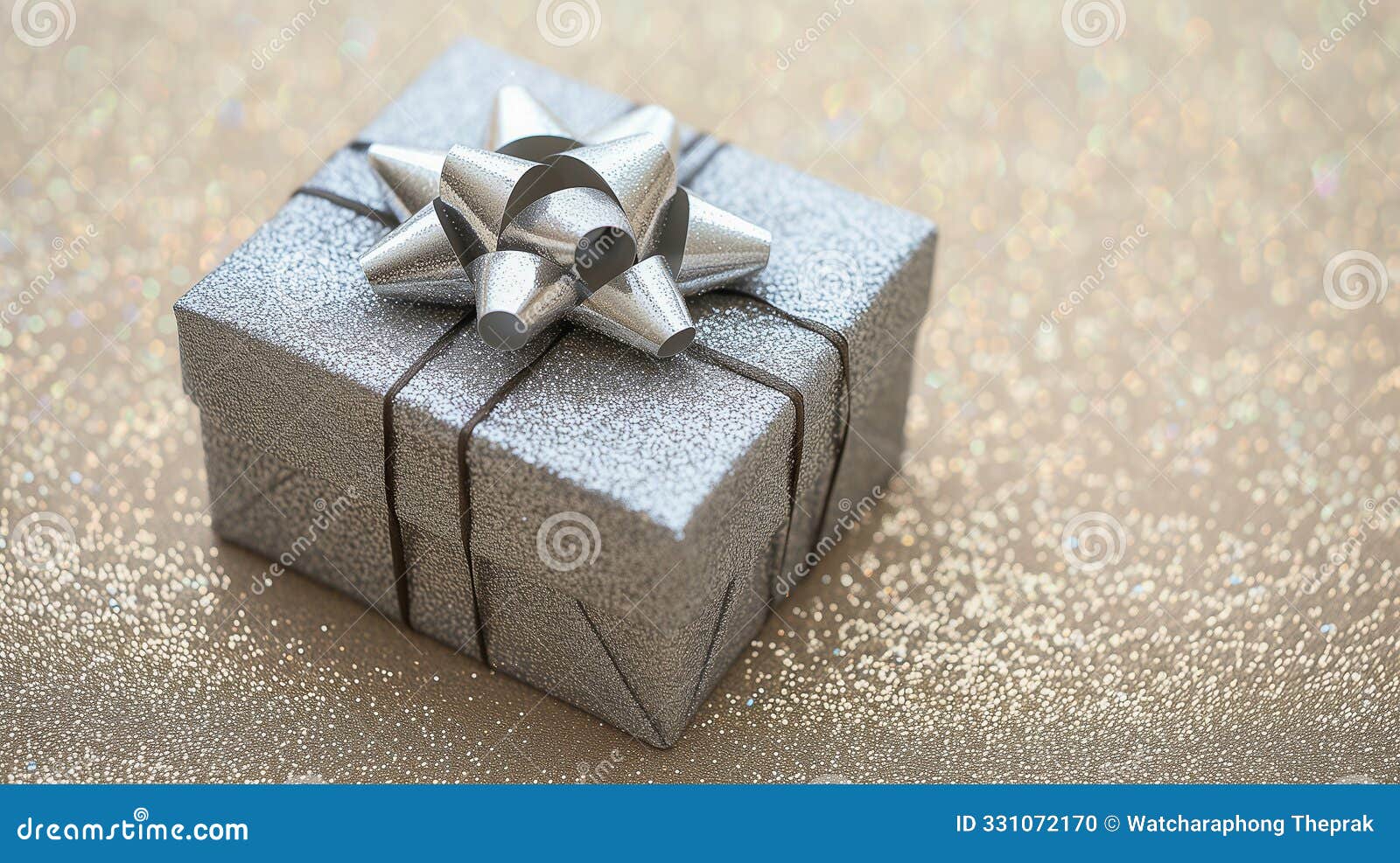 Elegant Silver Gift Box with Sparkling Bow on Glitter Background Stock ...