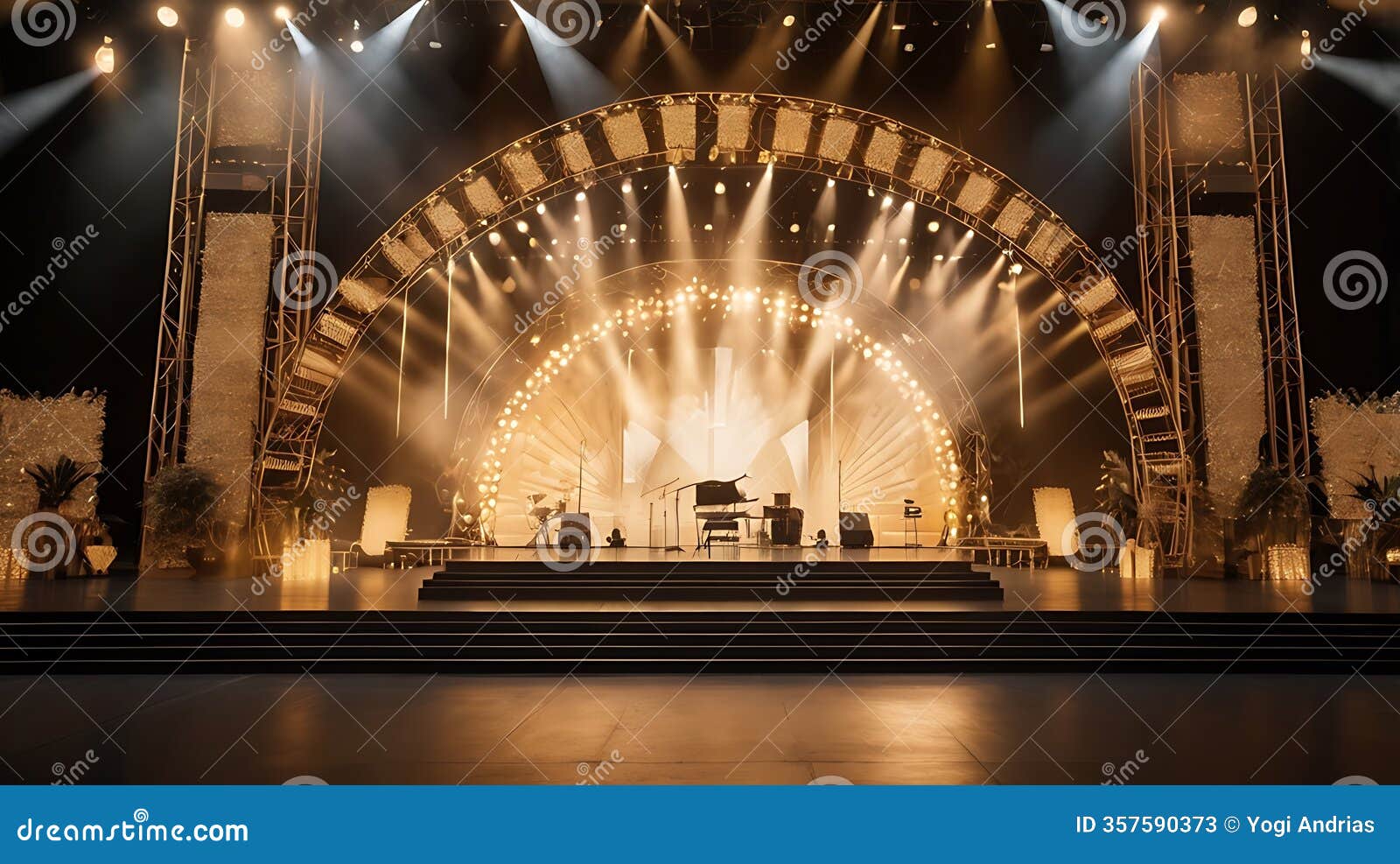 Elegant Stage Setup with Golden Lighting and Piano Stock Illustration ...