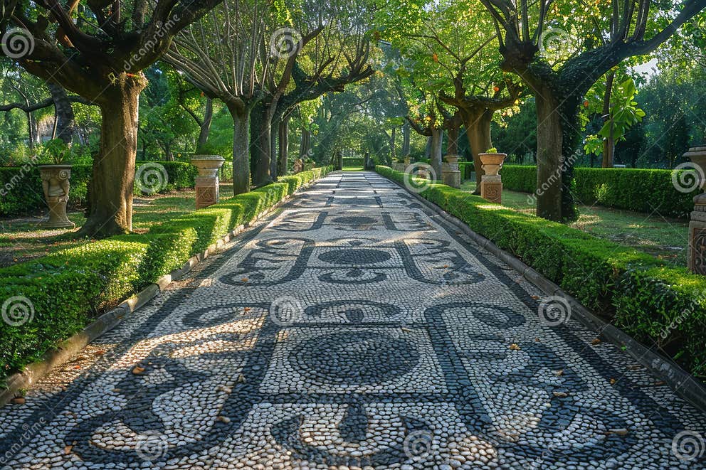Elegant Stone Pathway in an Old Garden, Featuring Complex Geometric ...