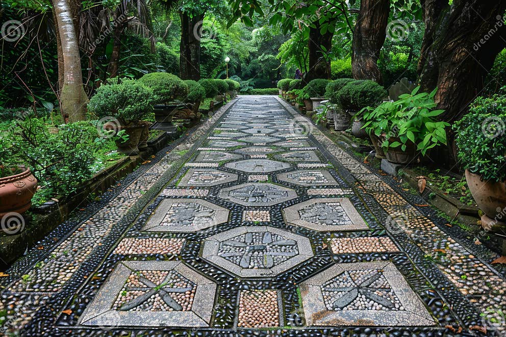 Elegant Stone Pathway in an Old Garden, Featuring Complex Geometric ...