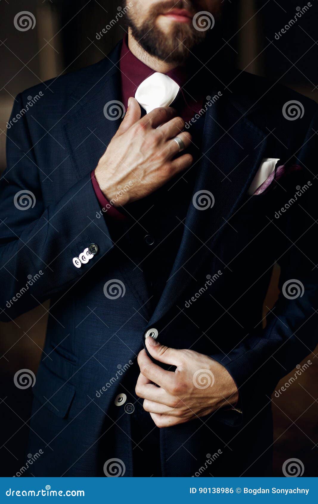 Elegant Stylish Handsome Groom Getting Ready In Morning Holding Stock