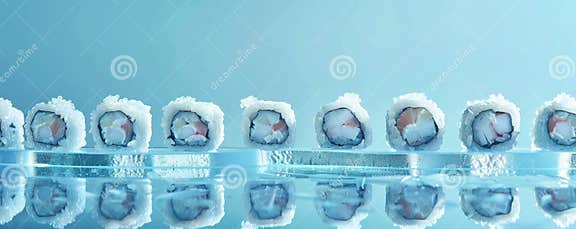 Elegant Sushi Row with Reflection on Cool Blue Background Stock Photo ...