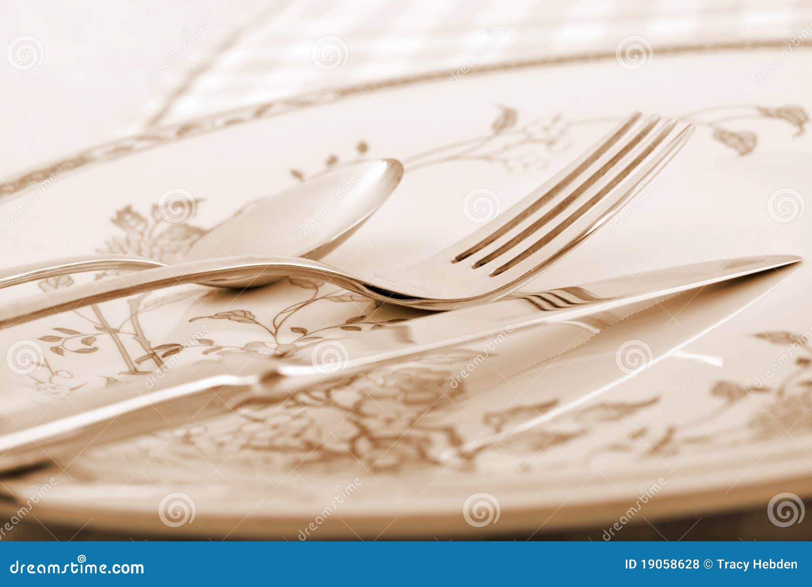 Elegant Table Setting in Sepia Tone Stock Photo - Image of fork, plate ...