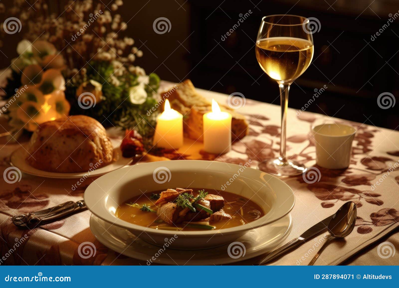 Elegant Table Setting with Soup As Main Course Stock Illustration ...