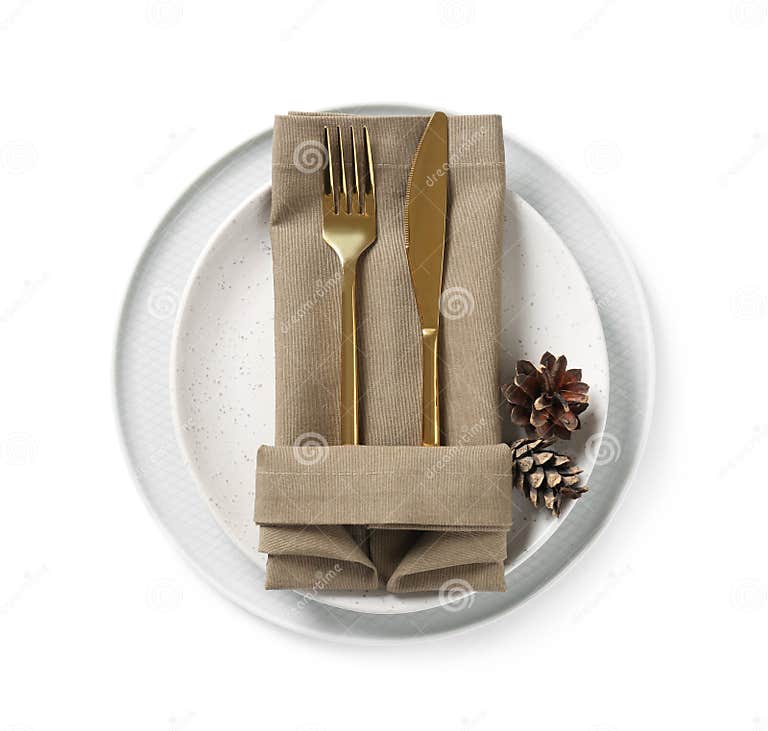 Elegant Table Setting on White Background, Top View Stock Photo - Image ...