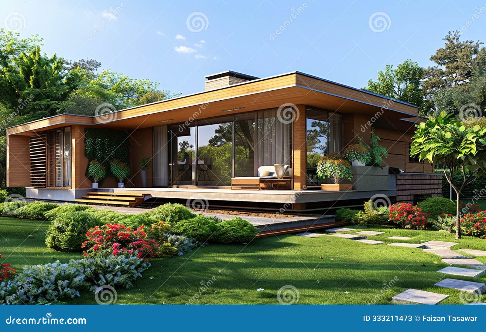 Elegant Tan Single-Story Modern Home -Generative Ai Stock Illustration ...