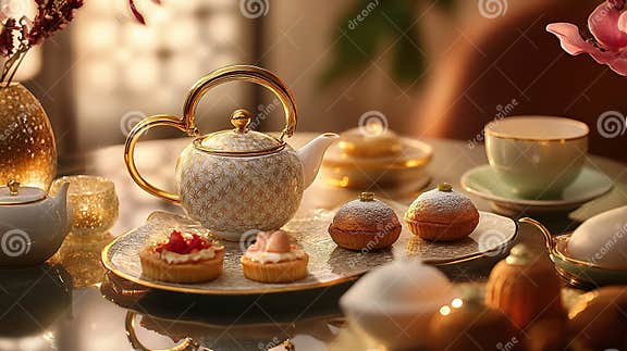 Elegant Tea Set with Pastries on a Table Stock Illustration ...