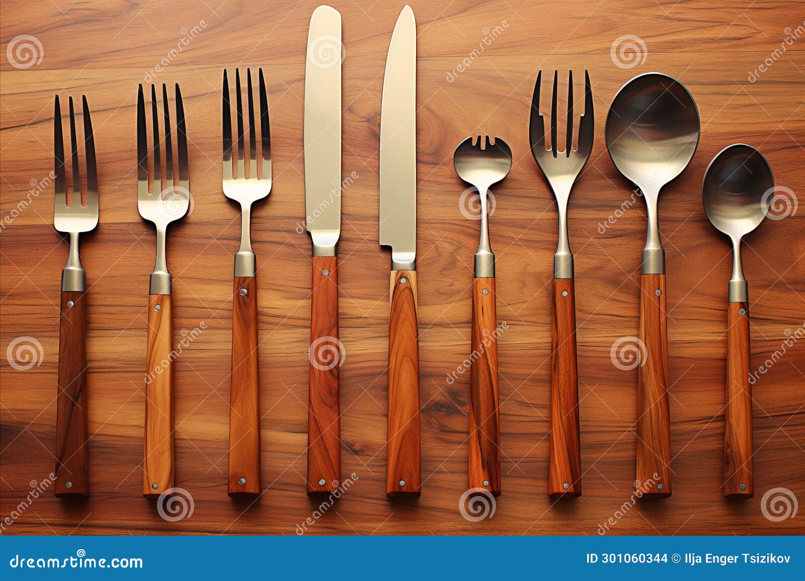 Elegant Top Down View of Modern Dining Utensils Arranged on Table with ...