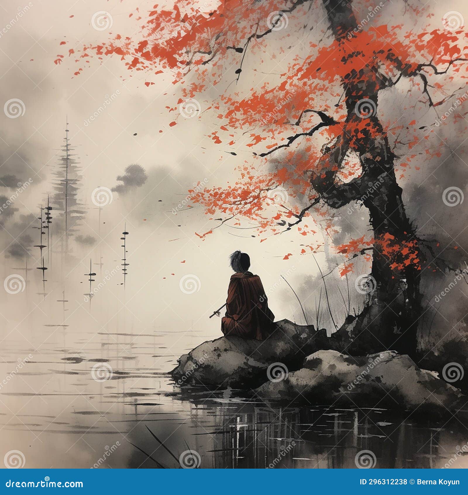 Elegant Tree Sumi-e Ink Painting Stock Illustration - Illustration of ...