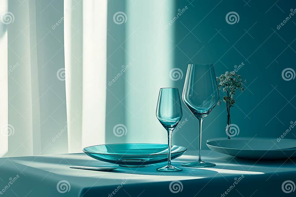 Elegant Turquoise Table Setting with Glassware and White Drapery for ...