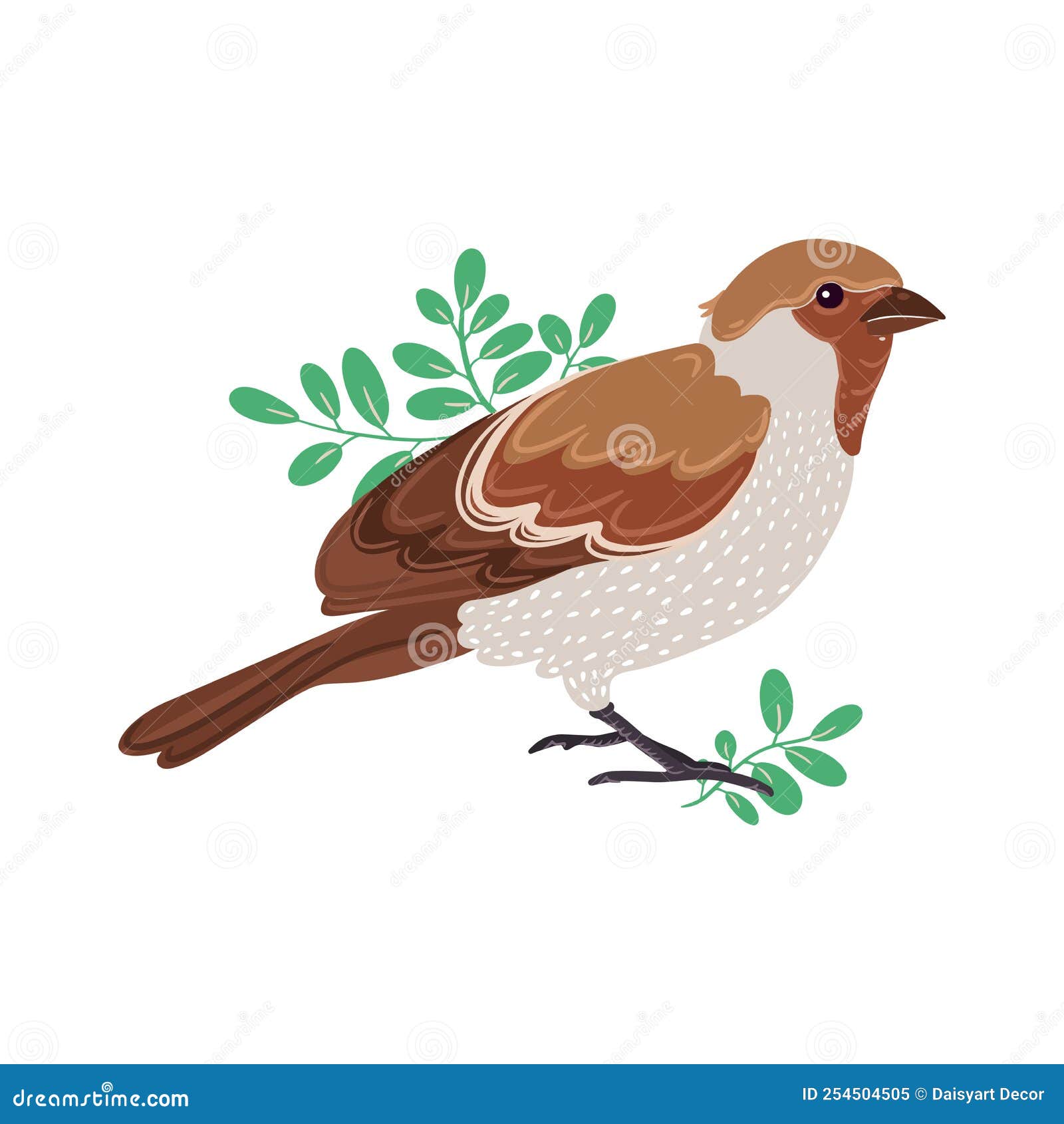 Elegant Vector Flat Sparrow in Green Leaves Isolated on White ...