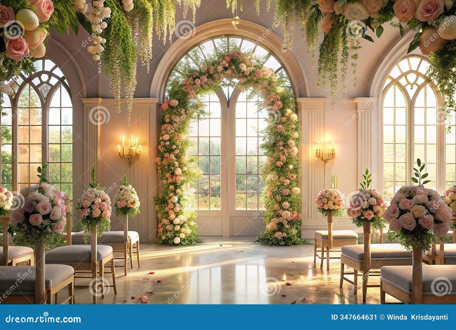Elegant Wedding Ceremony Setup with Floral Arch and Window View Stock ...