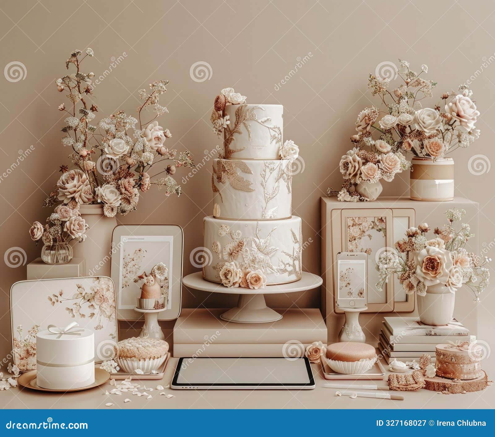 Elegant Wedding Planning Setup with Flowers and Tech Devices Stock ...