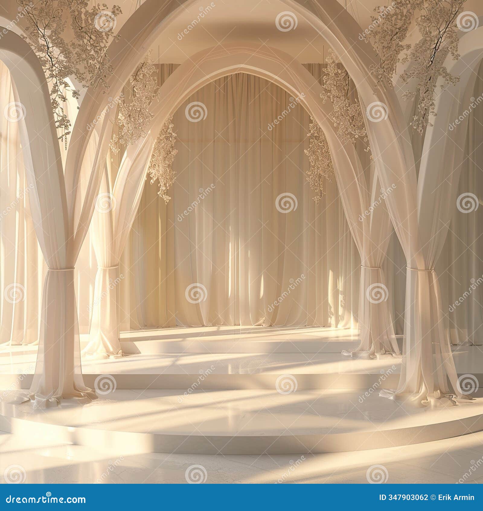 Elegant White Arched Interior with Sheer Curtains and Raised Platform ...