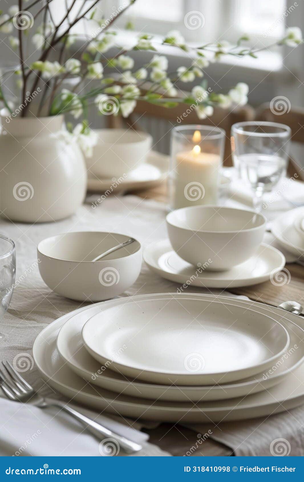 Elegant White Dinnerware on a Rustic Wooden Dining Table in a Bright ...